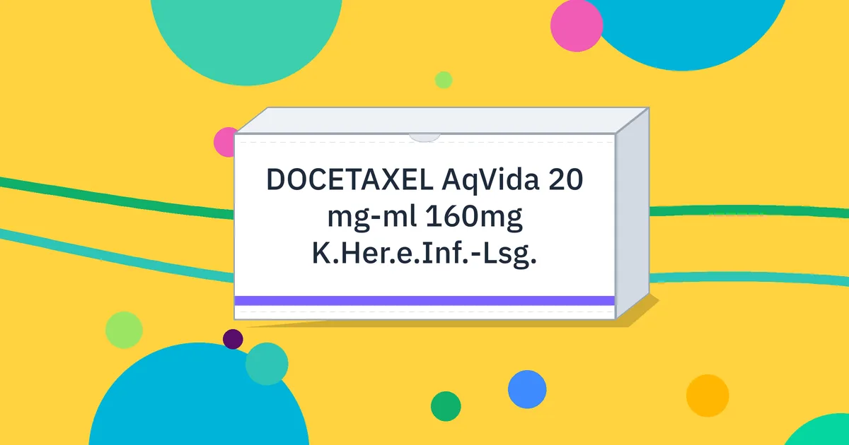 Symbolbild: Packung mit der Aufschrift DOCETAXEL AqVida 20 mg-ml 160mg K.Her.e.Inf.-Lsg. (PZN 14279589) – Verfügbarkeit und Bezug in Apotheken in Frankfurt am Main