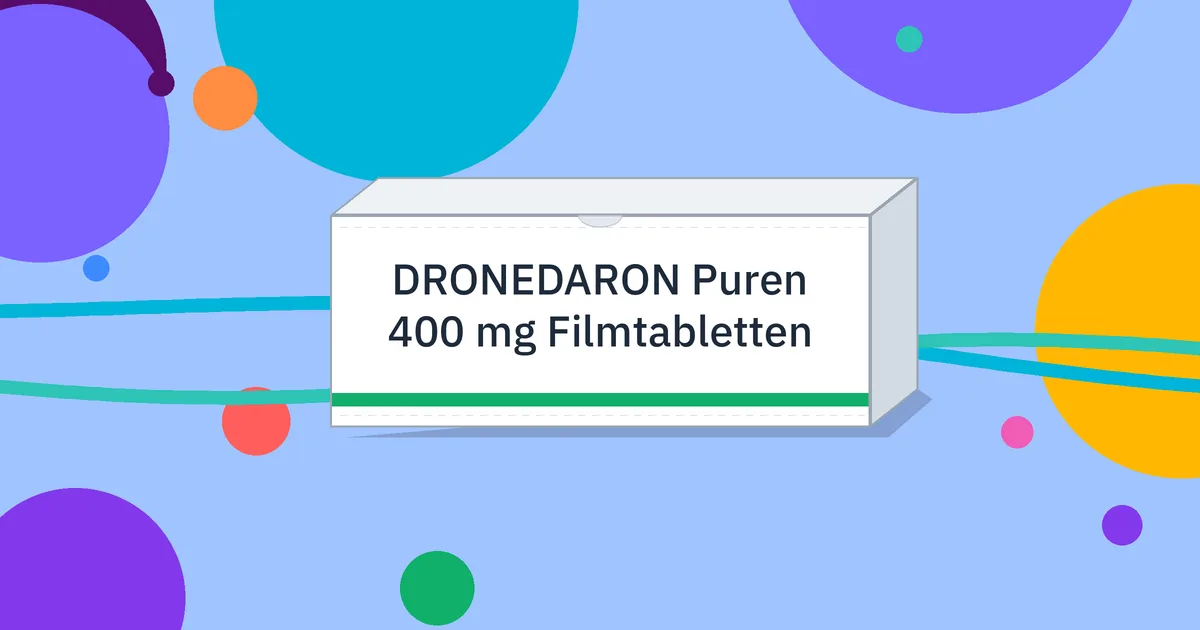 Symbolbild: Packung mit der Aufschrift DRONEDARON Puren 400 mg Filmtabletten (PZN 18093232) – Verfügbarkeit und Bezug in Apotheken in Frankfurt am Main