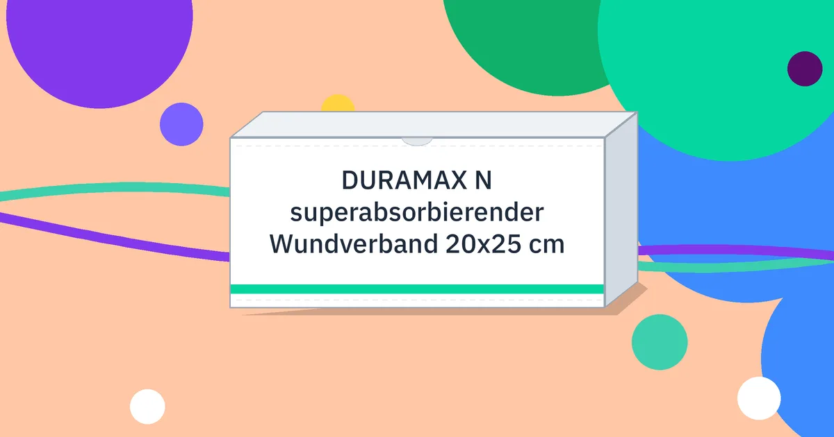 Symbolbild: Packung mit der Aufschrift DURAMAX N superabsorbierender Wundverband 20x25 cm (PZN 20327921) – Verfügbarkeit und Bezug in Apotheken in Frankfurt am Main
