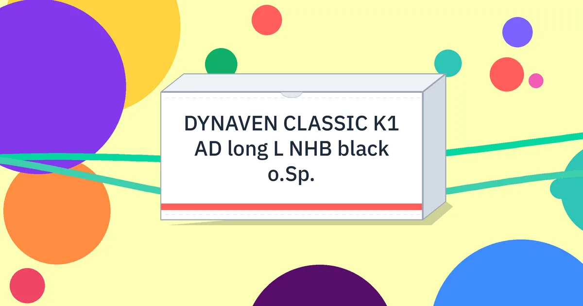 Symbolbild: Packung mit der Aufschrift DYNAVEN CLASSIC K1 AD long L NHB black o.Sp. (PZN 18414506) – Verfügbarkeit und Bezug in Apotheken in Frankfurt am Main