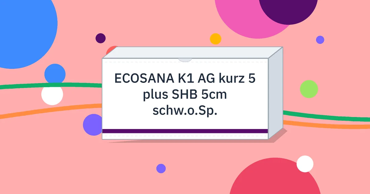 Symbolbild: Packung mit der Aufschrift ECOSANA K1 AG kurz 5 plus SHB 5cm schw.o.Sp. (PZN 04728951) – Verfügbarkeit und Bezug in Apotheken in Frankfurt am Main