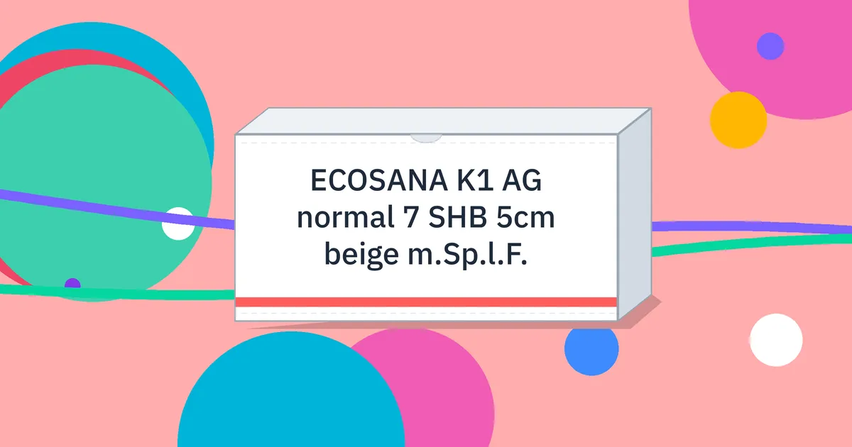 Symbolbild: Packung mit der Aufschrift ECOSANA K1 AG normal 7 SHB 5cm beige m.Sp.l.F. (PZN 04730652) – Verfügbarkeit und Bezug in Apotheken in Frankfurt am Main