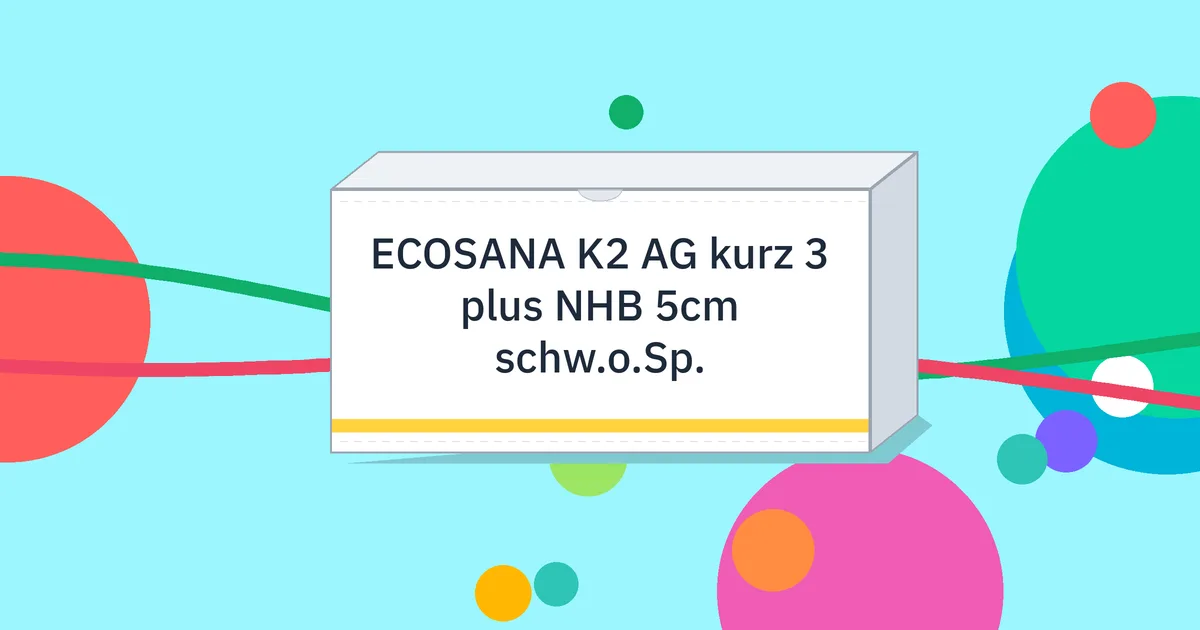 Symbolbild: Packung mit der Aufschrift ECOSANA K2 AG kurz 3 plus NHB 5cm schw.o.Sp. (PZN 01412130) – Verfügbarkeit und Bezug in Apotheken in Frankfurt am Main
