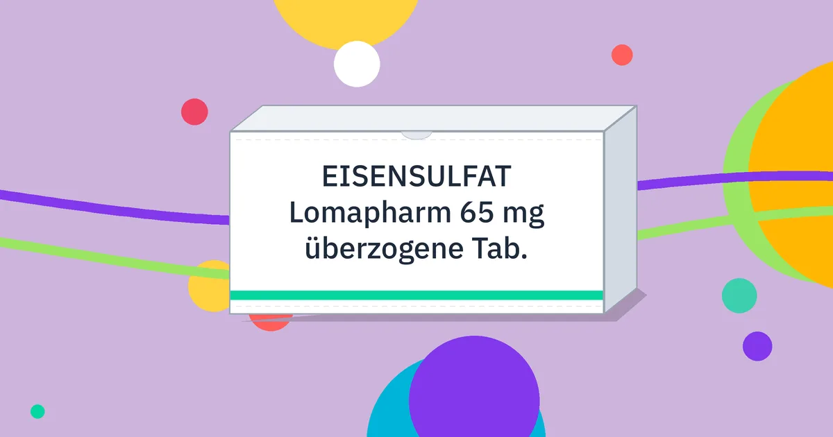 Symbolbild: Packung mit der Aufschrift EISENSULFAT Lomapharm 65 mg überzogene Tab. (PZN 02750544) – Verfügbarkeit und Bezug in Apotheken in Frankfurt am Main