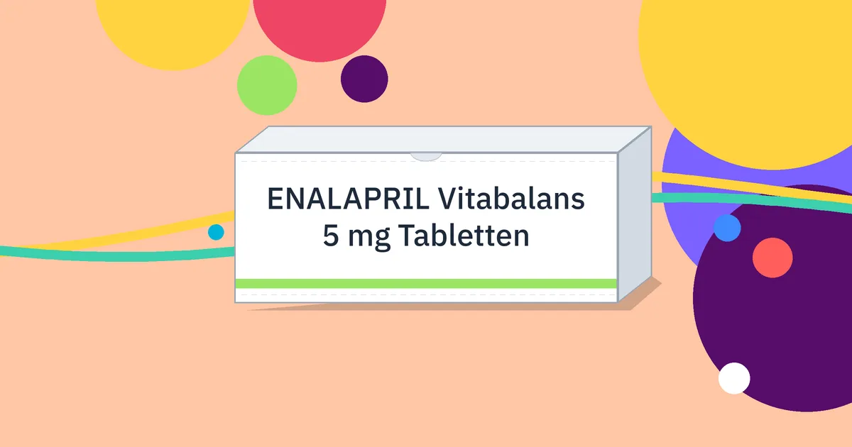 Symbolbild: Packung mit der Aufschrift ENALAPRIL Vitabalans 5 mg Tabletten (PZN 03030898) – Verfügbarkeit und Bezug in Apotheken in Frankfurt am Main