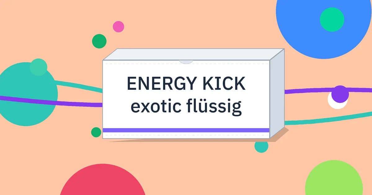 Symbolbild: Packung mit der Aufschrift ENERGY KICK exotic flüssig (PZN 11551789) – Verfügbarkeit und Bezug in Apotheken in Frankfurt am Main