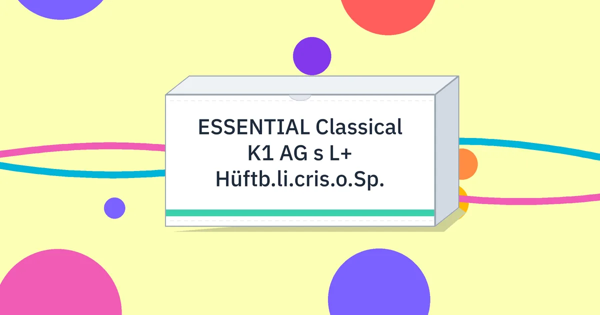 Symbolbild: Packung mit der Aufschrift ESSENTIAL Classical K1 AG s L+ Hüftb.li.cris.o.Sp. (PZN 17012059) – Verfügbarkeit und Bezug in Apotheken in Frankfurt am Main