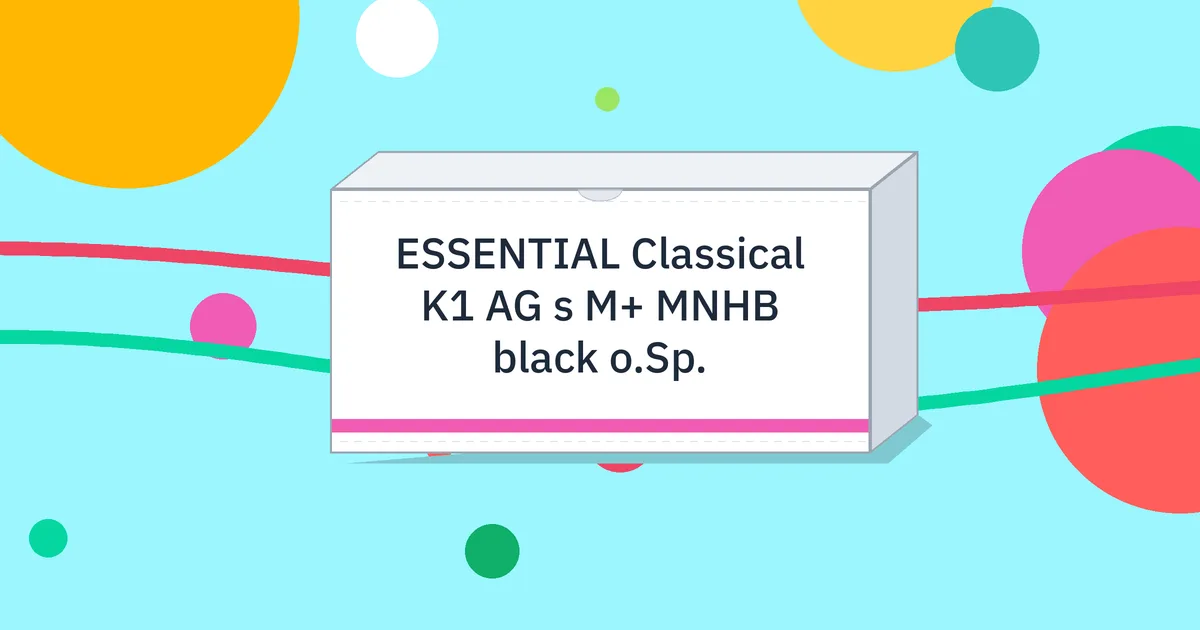 Symbolbild: Packung mit der Aufschrift ESSENTIAL Classical K1 AG s M+ MNHB black o.Sp. (PZN 19321132) – Verfügbarkeit und Bezug in Apotheken in Frankfurt am Main