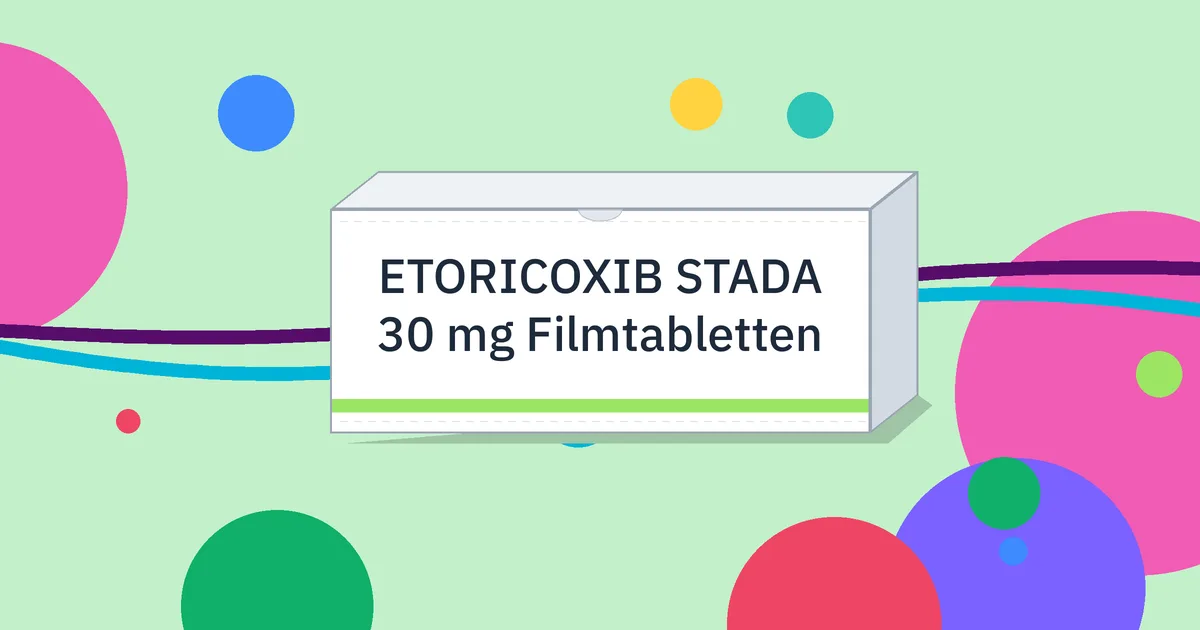Symbolbild: Packung mit der Aufschrift ETORICOXIB STADA 30 mg Filmtabletten (PZN 11853289) – Verfügbarkeit und Bezug in Apotheken in Frankfurt am Main