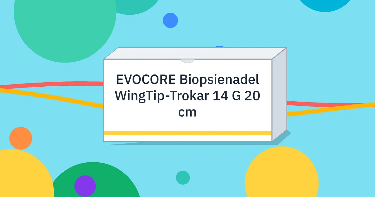 Symbolbild: Packung mit der Aufschrift EVOCORE Biopsienadel WingTip-Trokar 14 G 20 cm (PZN 11655431) – Verfügbarkeit und Bezug in Apotheken in Frankfurt am Main