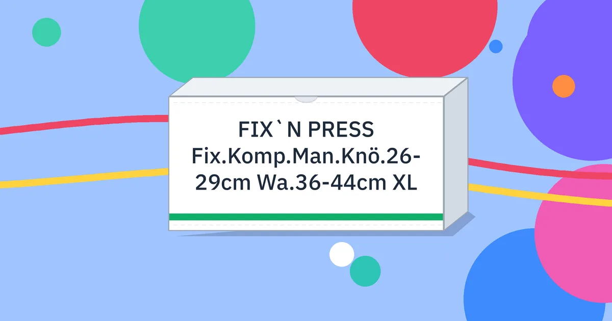 Symbolbild: Packung mit der Aufschrift FIX`N PRESS Fix.Komp.Man.Knö.26-29cm Wa.36-44cm XL (PZN 19077614) – Verfügbarkeit und Bezug in Apotheken in Frankfurt am Main