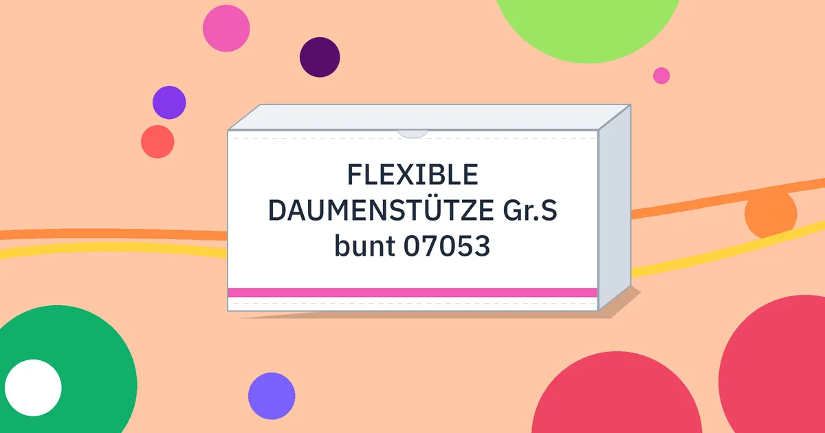 Symbolbild: Packung mit der Aufschrift FLEXIBLE DAUMENSTÜTZE Gr.S bunt 07053 (PZN 08732613) – Verfügbarkeit und Bezug in Apotheken in Frankfurt am Main