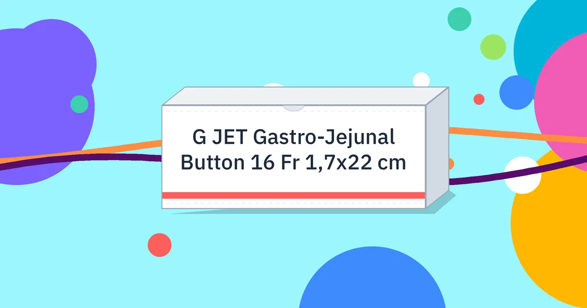 Symbolbild: Packung mit der Aufschrift G JET Gastro-Jejunal Button 16 Fr 1,7x22 cm (PZN 14343028) – Verfügbarkeit und Bezug in Apotheken in Frankfurt am Main