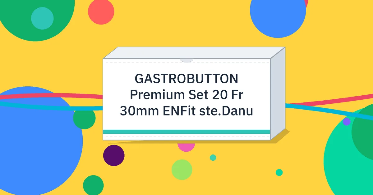 Symbolbild: Packung mit der Aufschrift GASTROBUTTON Premium Set 20 Fr 30mm ENFit ste.Danu (PZN 16884001) – Verfügbarkeit und Bezug in Apotheken in Frankfurt am Main
