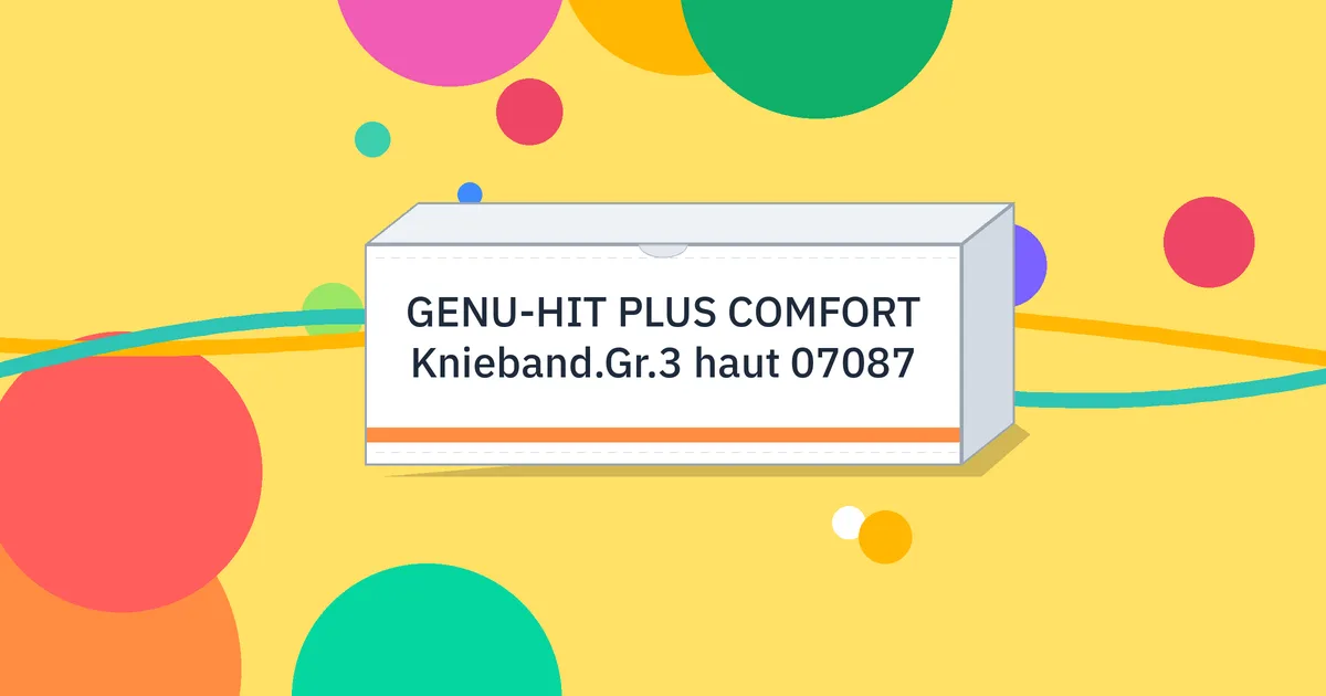 Symbolbild: Packung mit der Aufschrift GENU-HIT PLUS COMFORT Knieband.Gr.3 haut 07087 (PZN 17890280) – Verfügbarkeit und Bezug in Apotheken in Frankfurt am Main