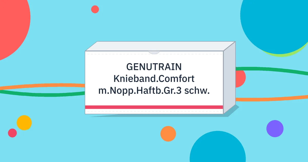 Symbolbild: Packung mit der Aufschrift GENUTRAIN Knieband.Comfort m.Nopp.Haftb.Gr.3 schw. (PZN 20040065) – Verfügbarkeit und Bezug in Apotheken in Frankfurt am Main
