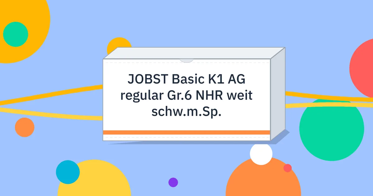 Symbolbild: Packung mit der Aufschrift JOBST Basic K1 AG regular Gr.6 NHR weit schw.m.Sp. (PZN 15310077) – Verfügbarkeit und Bezug in Apotheken in Frankfurt am Main