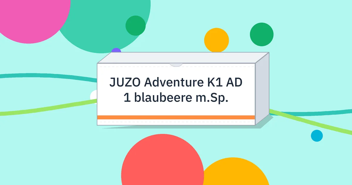 Symbolbild: Packung mit der Aufschrift JUZO Adventure K1 AD 1 blaubeere m.Sp. (PZN 16344546) – Verfügbarkeit und Bezug in Apotheken in Frankfurt am Main