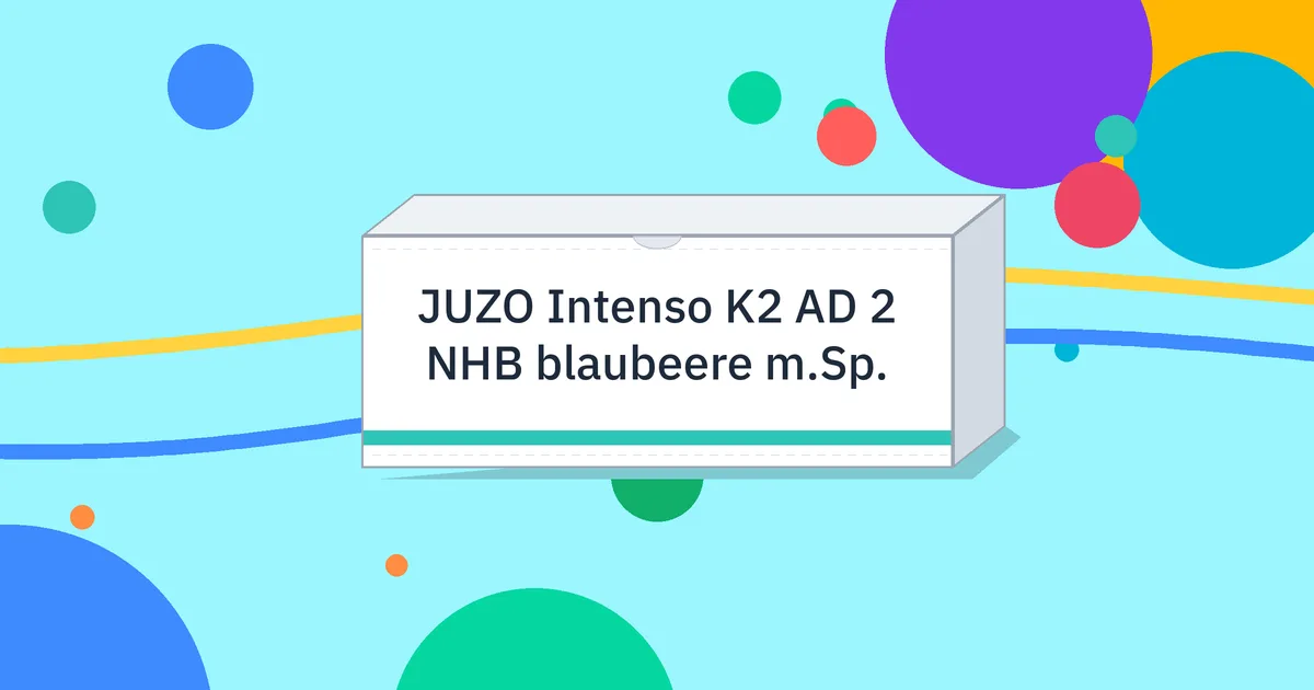 Symbolbild: Packung mit der Aufschrift JUZO Intenso K2 AD 2 NHB blaubeere m.Sp. (PZN 18609842) – Verfügbarkeit und Bezug in Apotheken in Frankfurt am Main