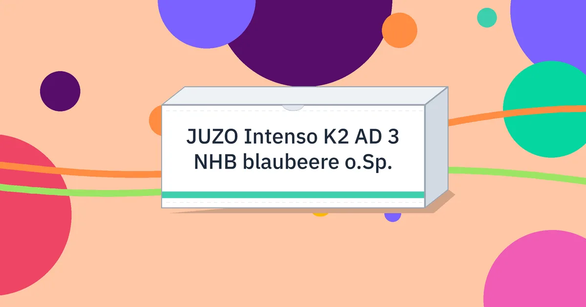 Symbolbild: Packung mit der Aufschrift JUZO Intenso K2 AD 3 NHB blaubeere o.Sp. (PZN 18620418) – Verfügbarkeit und Bezug in Apotheken in Frankfurt am Main