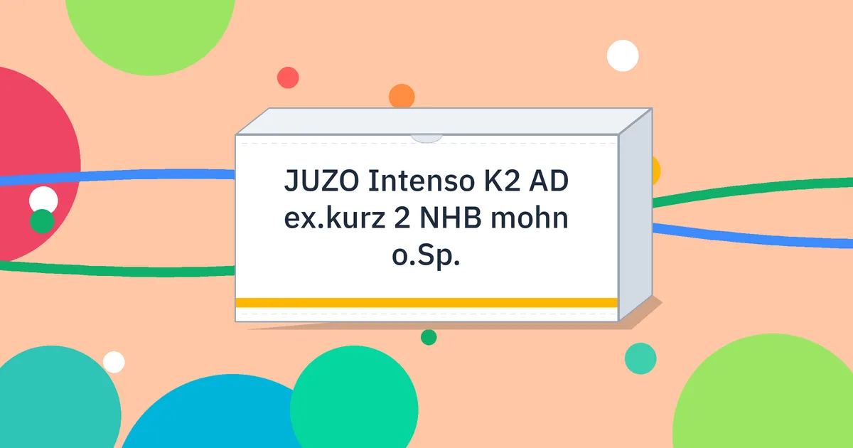 Symbolbild: Packung mit der Aufschrift JUZO Intenso K2 AD ex.kurz 2 NHB mohn o.Sp. (PZN 18622305) – Verfügbarkeit und Bezug in Apotheken in Frankfurt am Main