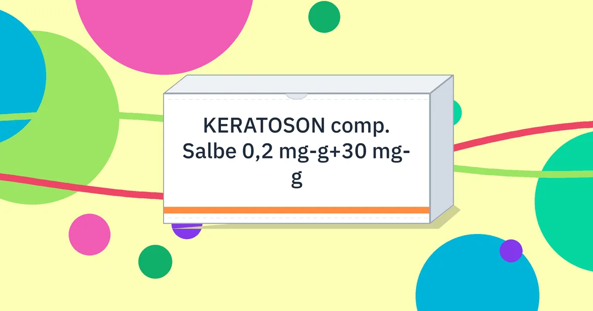 Symbolbild: Packung mit der Aufschrift KERATOSON comp. Salbe 0,2 mg-g+30 mg-g (PZN 18213245) – Verfügbarkeit und Bezug in Apotheken in Frankfurt am Main