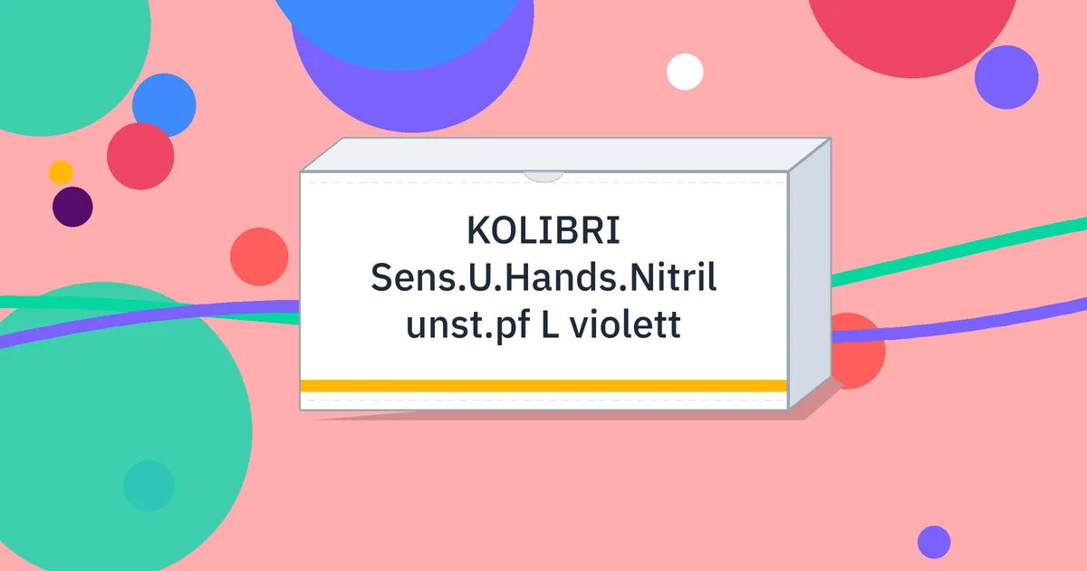 Symbolbild: Packung mit der Aufschrift KOLIBRI Sens.U.Hands.Nitril unst.pf L violett (PZN 19507204) – Verfügbarkeit und Bezug in Apotheken in Frankfurt am Main
