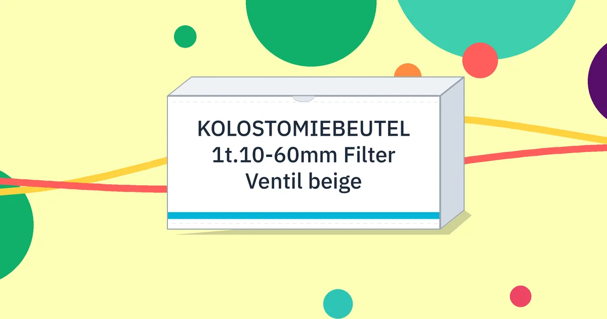 Symbolbild: Packung mit der Aufschrift KOLOSTOMIEBEUTEL 1t.10-60mm Filter Ventil beige (PZN 03829822) – Verfügbarkeit und Bezug in Apotheken in Frankfurt am Main