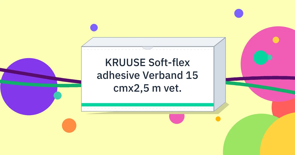 Symbolbild: Packung mit der Aufschrift KRUUSE Soft-flex adhesive Verband 15 cmx2,5 m vet. (PZN 18443583) – Verfügbarkeit und Bezug in Apotheken in Frankfurt am Main