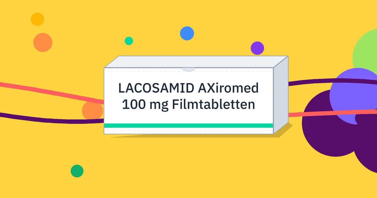 Symbolbild: Packung mit der Aufschrift LACOSAMID AXiromed 100 mg Filmtabletten (PZN 18059028) – Verfügbarkeit und Bezug in Apotheken in Frankfurt am Main