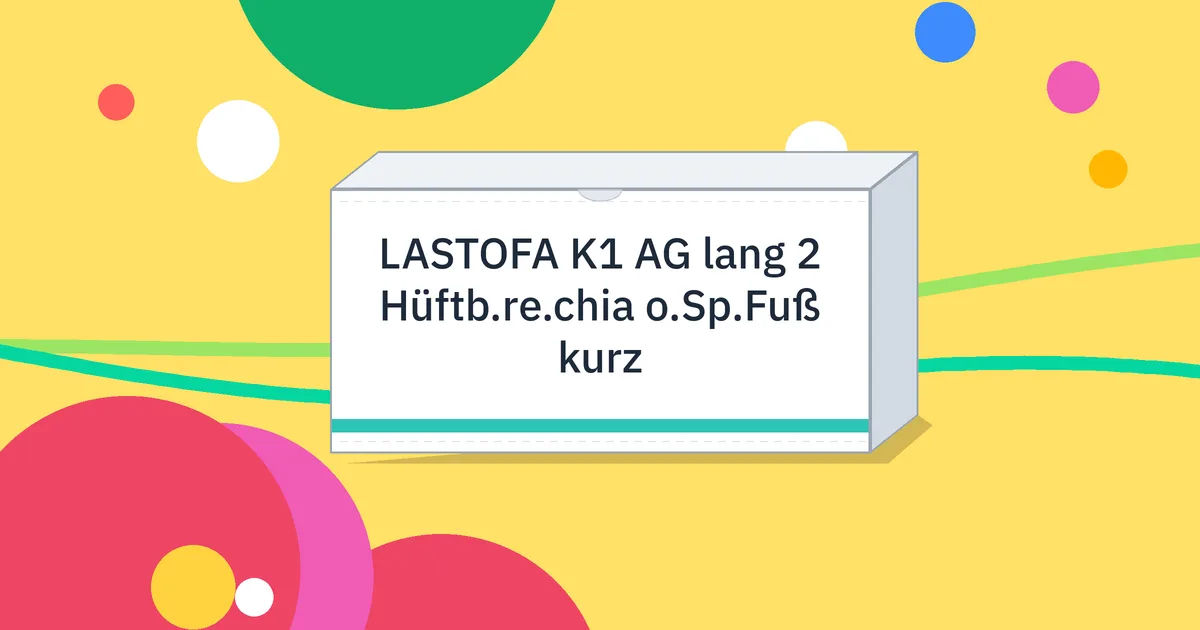 Symbolbild: Packung mit der Aufschrift LASTOFA K1 AG lang 2 Hüftb.re.chia o.Sp.Fuß kurz (PZN 13797572) – Verfügbarkeit und Bezug in Apotheken in Frankfurt am Main