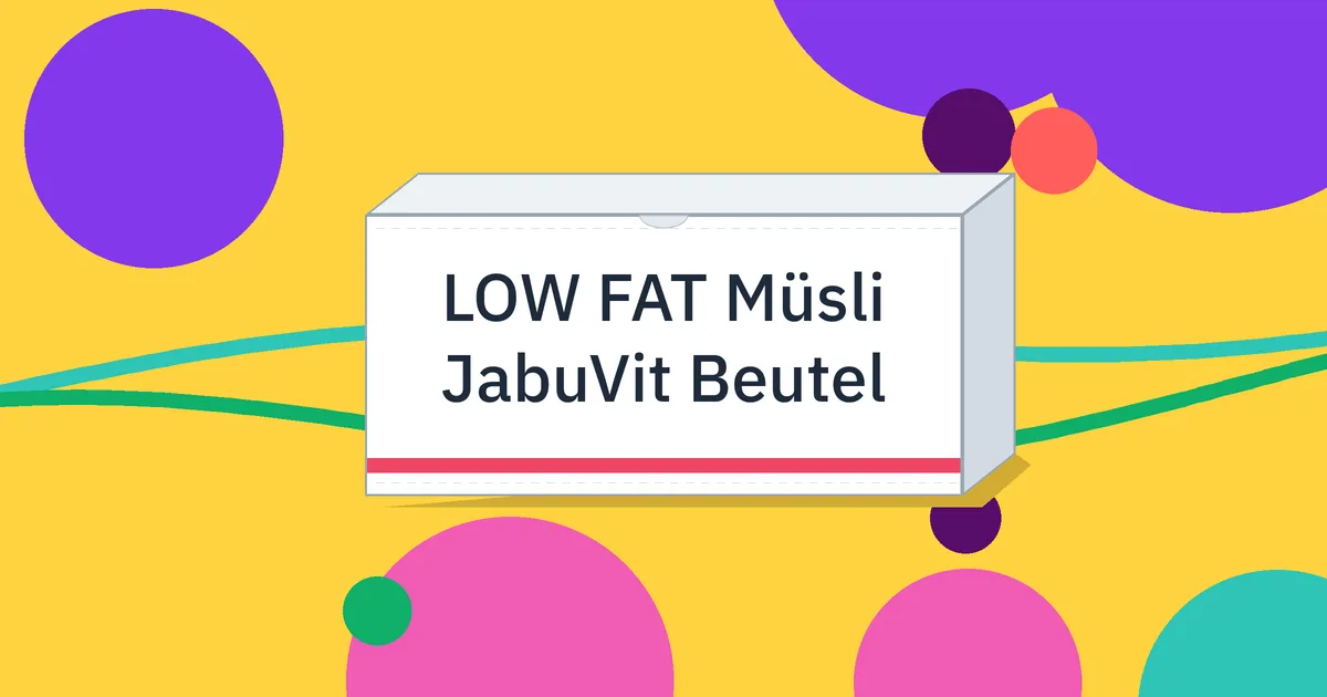 Symbolbild: Packung mit der Aufschrift LOW FAT Müsli JabuVit Beutel (PZN 10061089) – Verfügbarkeit und Bezug in Apotheken in Frankfurt am Main