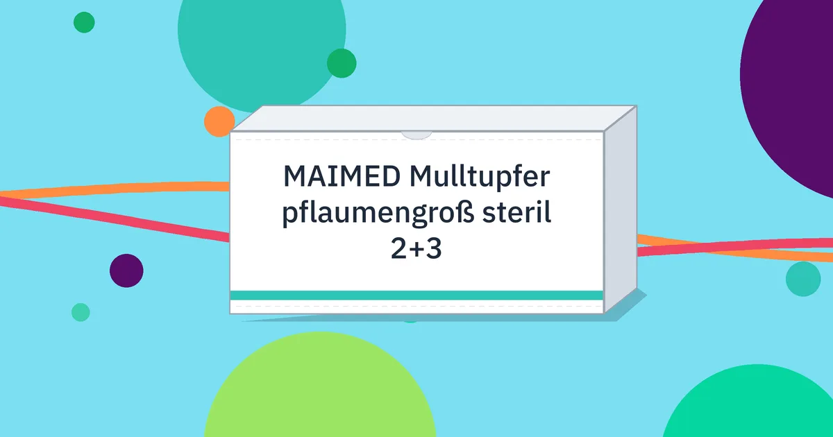 Symbolbild: Packung mit der Aufschrift MAIMED Mulltupfer pflaumengroß steril 2+3 (PZN 02299747) – Verfügbarkeit und Bezug in Apotheken in Frankfurt am Main