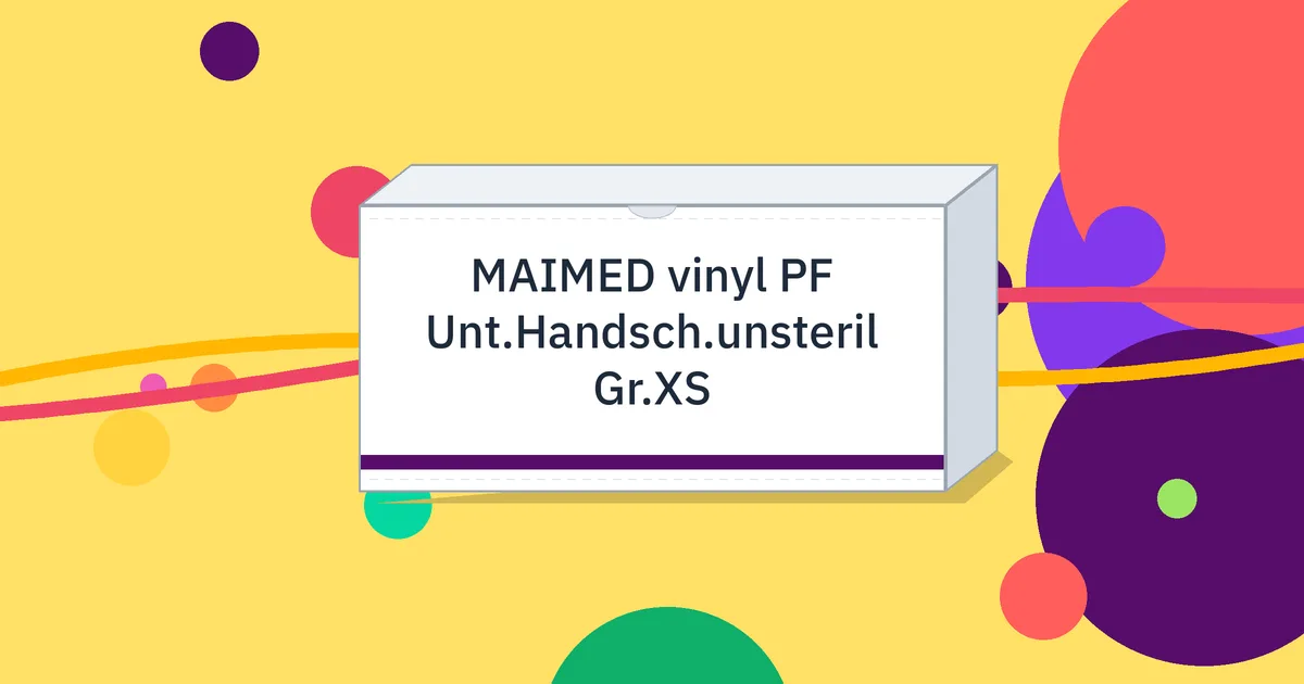 Symbolbild: Packung mit der Aufschrift MAIMED vinyl PF Unt.Handsch.unsteril Gr.XS (PZN 02074497) – Verfügbarkeit und Bezug in Apotheken in Frankfurt am Main