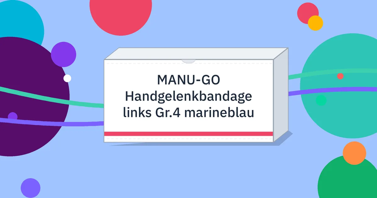 Symbolbild: Packung mit der Aufschrift MANU-GO Handgelenkbandage links Gr.4 marineblau (PZN 19742603) – Verfügbarkeit und Bezug in Apotheken in Frankfurt am Main