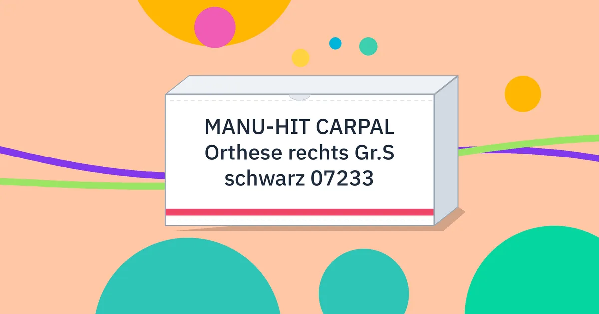 Symbolbild: Packung mit der Aufschrift MANU-HIT CARPAL Orthese rechts Gr.S schwarz 07233 (PZN 02014472) – Verfügbarkeit und Bezug in Apotheken in Frankfurt am Main