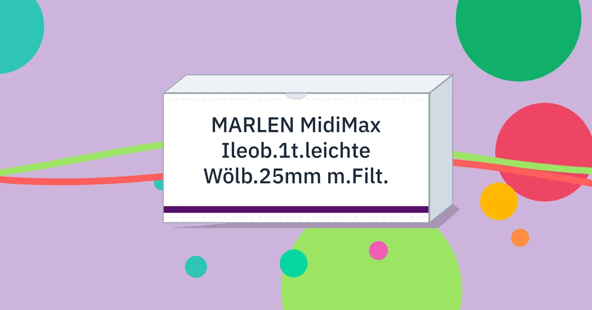 Symbolbild: Packung mit der Aufschrift MARLEN MidiMax Ileob.1t.leichte Wölb.25mm m.Filt. (PZN 16658167) – Verfügbarkeit und Bezug in Apotheken in Frankfurt am Main