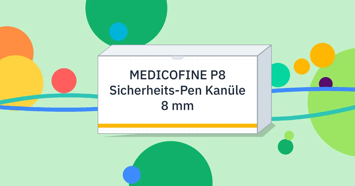 Symbolbild: Packung mit der Aufschrift MEDICOFINE P8 Sicherheits-Pen Kanüle 8 mm (PZN 16032574) – Verfügbarkeit und Bezug in Apotheken in Frankfurt am Main