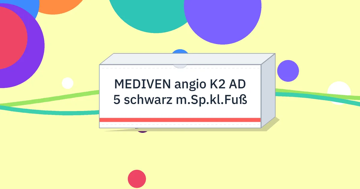 Symbolbild: Packung mit der Aufschrift MEDIVEN angio K2 AD 5 schwarz m.Sp.kl.Fuß (PZN 17210807) – Verfügbarkeit und Bezug in Apotheken in Frankfurt am Main