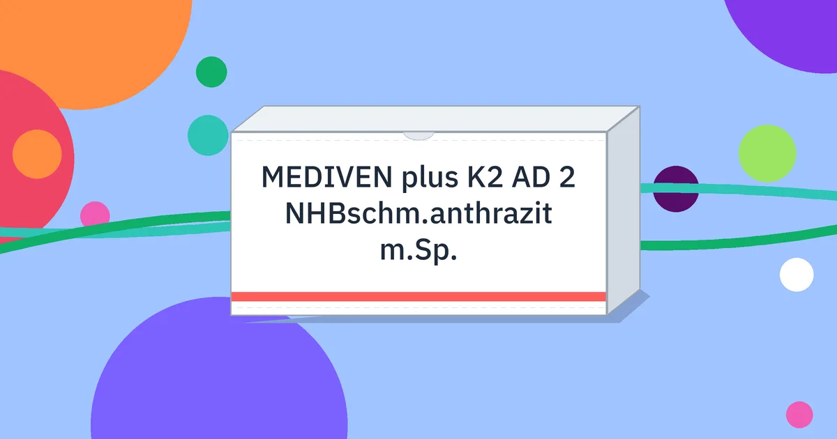 Symbolbild: Packung mit der Aufschrift MEDIVEN plus K2 AD 2 NHBschm.anthrazit m.Sp. (PZN 15937847) – Verfügbarkeit und Bezug in Apotheken in Frankfurt am Main