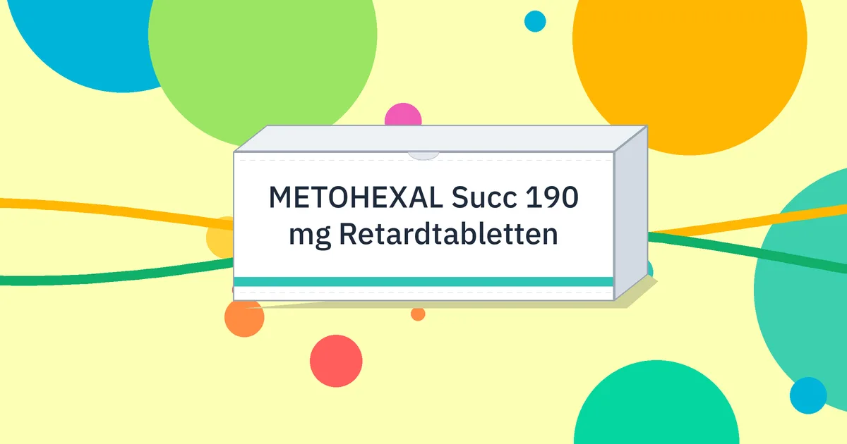 Symbolbild: Packung mit der Aufschrift METOHEXAL Succ 190 mg Retardtabletten (PZN 00850543) – Verfügbarkeit und Bezug in Apotheken in Frankfurt am Main
