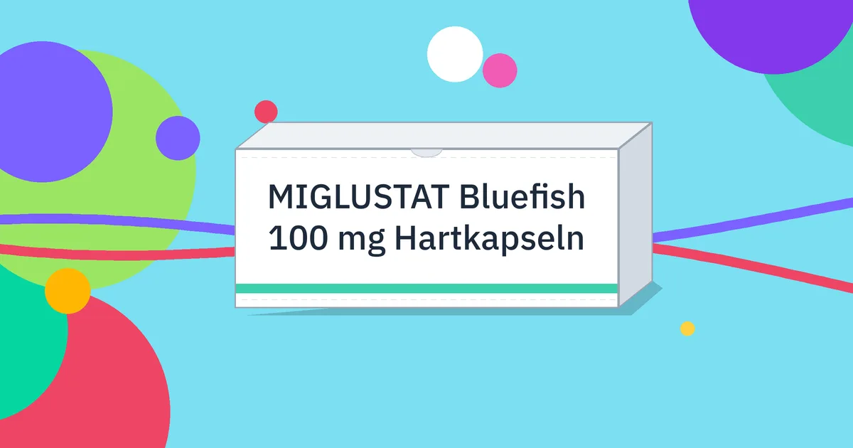 Symbolbild: Packung mit der Aufschrift MIGLUSTAT Bluefish 100 mg Hartkapseln (PZN 11133804) – Verfügbarkeit und Bezug in Apotheken in Frankfurt am Main