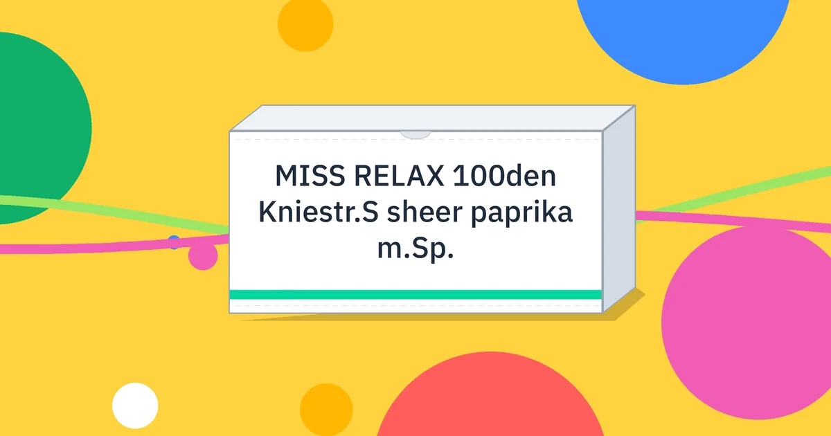 Symbolbild: Packung mit der Aufschrift MISS RELAX 100den Kniestr.S sheer paprika m.Sp. (PZN 01635456) – Verfügbarkeit und Bezug in Apotheken in Frankfurt am Main