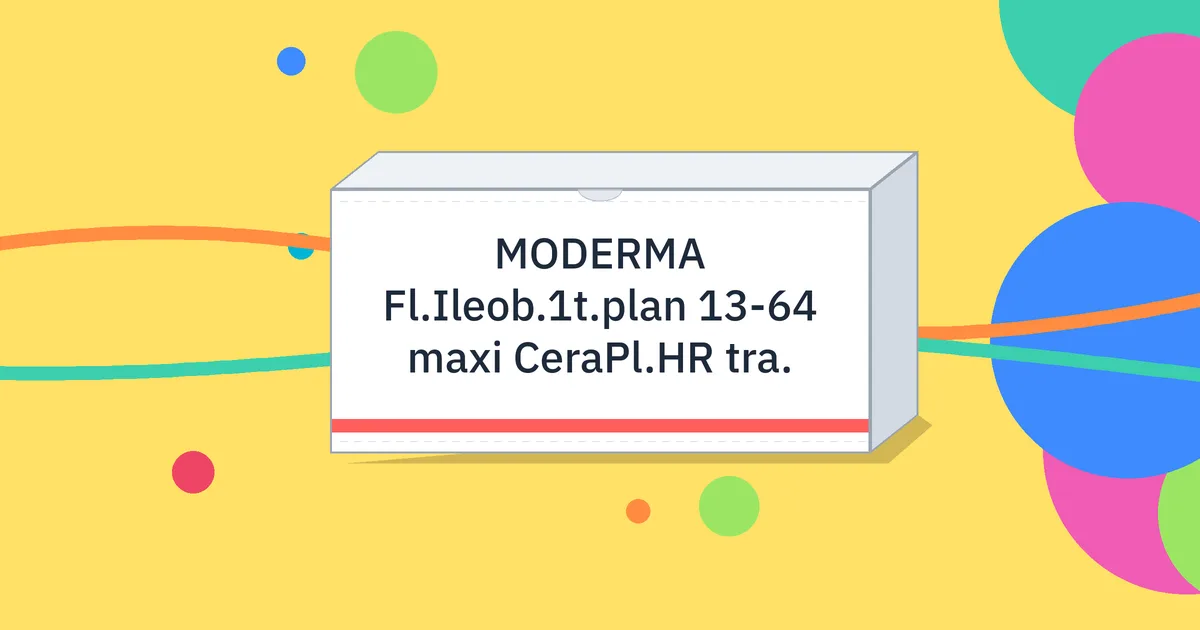 Symbolbild: Packung mit der Aufschrift MODERMA Fl.Ileob.1t.plan 13-64 maxi CeraPl.HR tra. (PZN 16661086) – Verfügbarkeit und Bezug in Apotheken in Frankfurt am Main