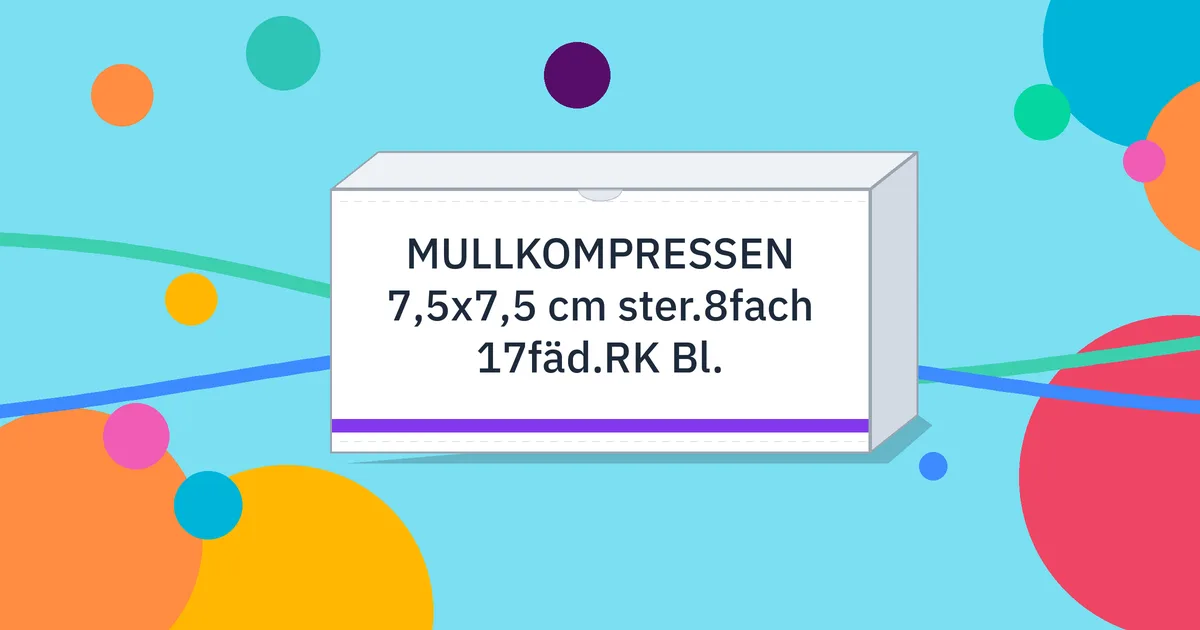 Symbolbild: Packung mit der Aufschrift MULLKOMPRESSEN 7,5x7,5 cm ster.8fach 17fäd.RK Bl. (PZN 06929197) – Verfügbarkeit und Bezug in Apotheken in Frankfurt am Main