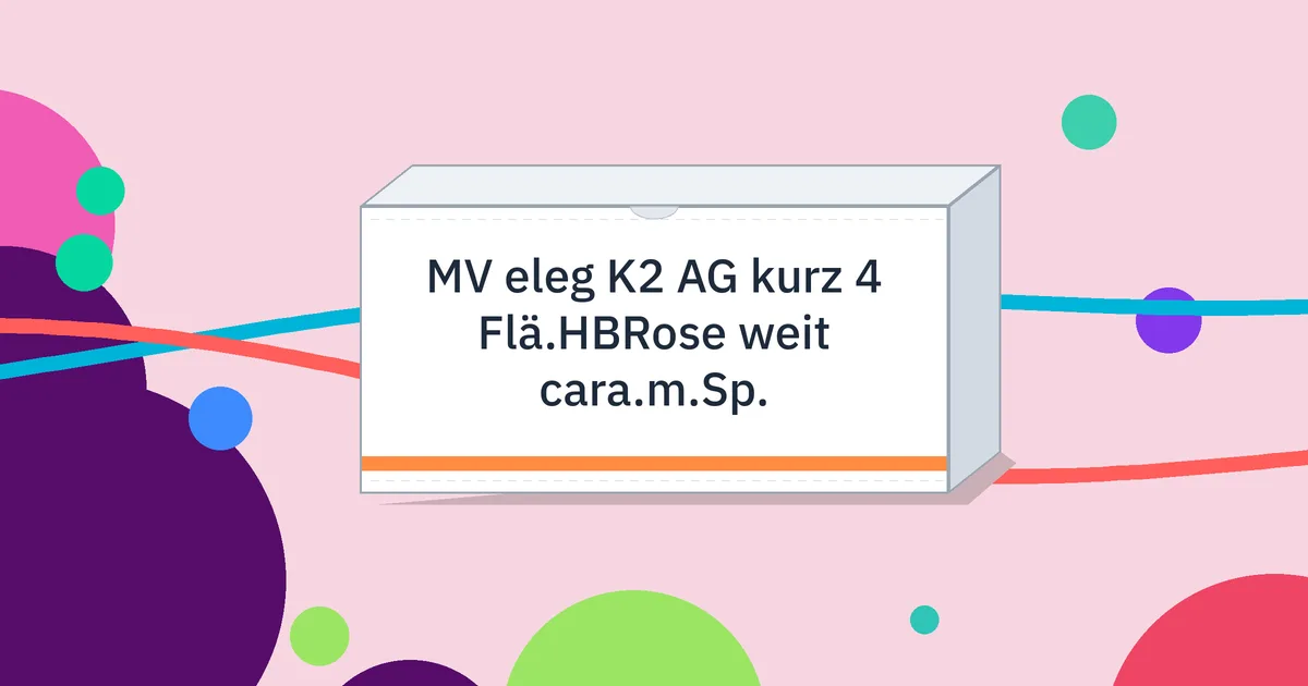 Symbolbild: Packung mit der Aufschrift MV eleg K2 AG kurz 4 Flä.HBRose weit cara.m.Sp. (PZN 15706711) – Verfügbarkeit und Bezug in Apotheken in Frankfurt am Main