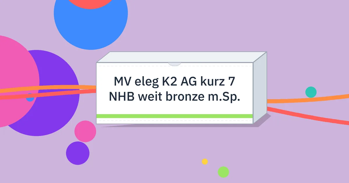 Symbolbild: Packung mit der Aufschrift MV eleg K2 AG kurz 7 NHB weit bronze m.Sp. (PZN 15714863) – Verfügbarkeit und Bezug in Apotheken in Frankfurt am Main