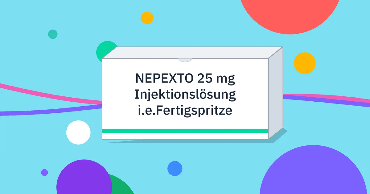 Symbolbild: Packung mit der Aufschrift NEPEXTO 25 mg Injektionslösung i.e.Fertigspritze (PZN 16487688) – Verfügbarkeit und Bezug in Apotheken in Frankfurt am Main