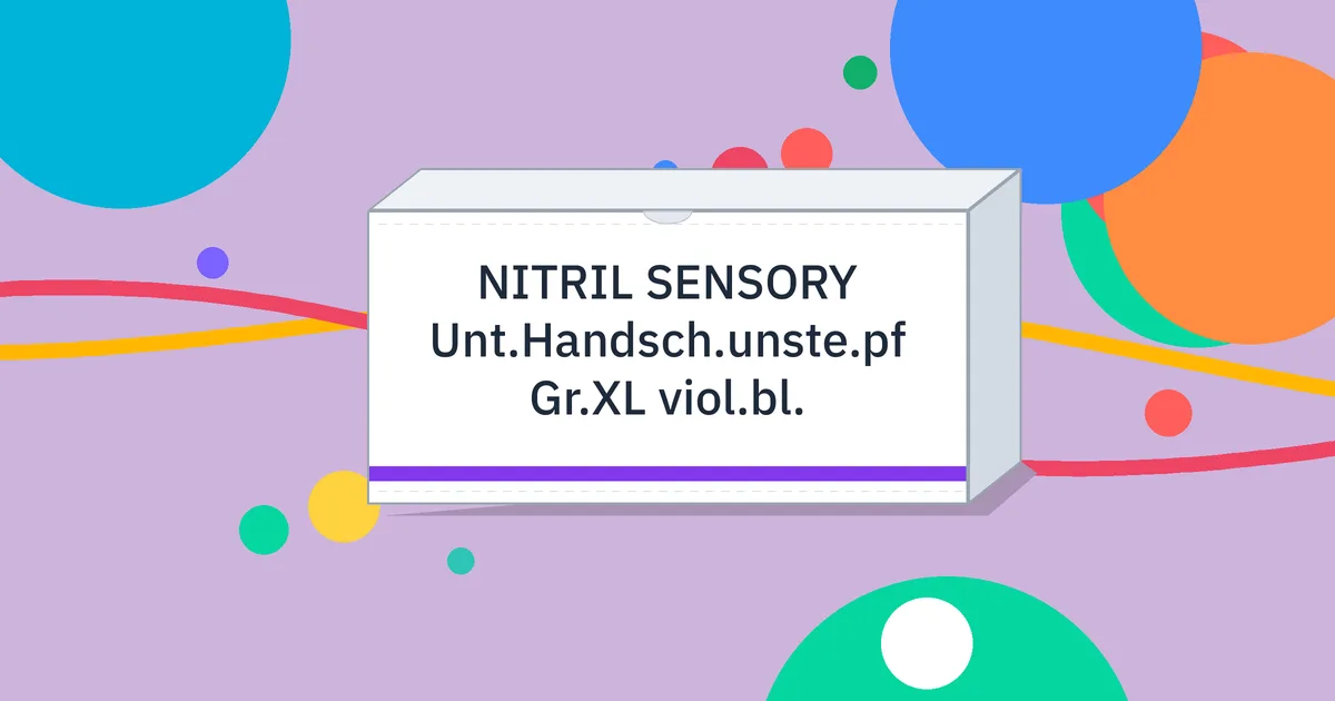 Symbolbild: Packung mit der Aufschrift NITRIL SENSORY Unt.Handsch.unste.pf Gr.XL viol.bl. (PZN 16925154) – Verfügbarkeit und Bezug in Apotheken in Frankfurt am Main