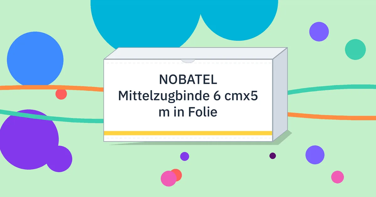 Symbolbild: Packung mit der Aufschrift NOBATEL Mittelzugbinde 6 cmx5 m in Folie (PZN 07095452) – Verfügbarkeit und Bezug in Apotheken in Frankfurt am Main
